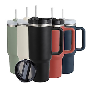 PIMDIR 40oz Tumbler with Handle Straw Lid, Stainless Steel Vacuum Insulated Reusable Travel Mug Keep Drinks Cold Ice Gym Cup, Gifts for Women Men Lovers, Car Holder Friendly, Black