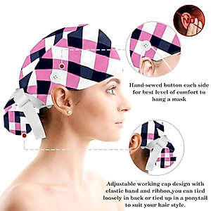 Nurse Scrub Caps,Scrub Hats with Buttons and Cotton Sweatband,Pink Paper Plaid