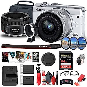 Canon EOS M200 Mirrorless Digital Camera with 15-45mm Lens (White) (3700C009) + Canon EF-M Lens Adapter + Canon EF 50mm Lens + 64GB Card + Case + Photo Software + More (Renewed)