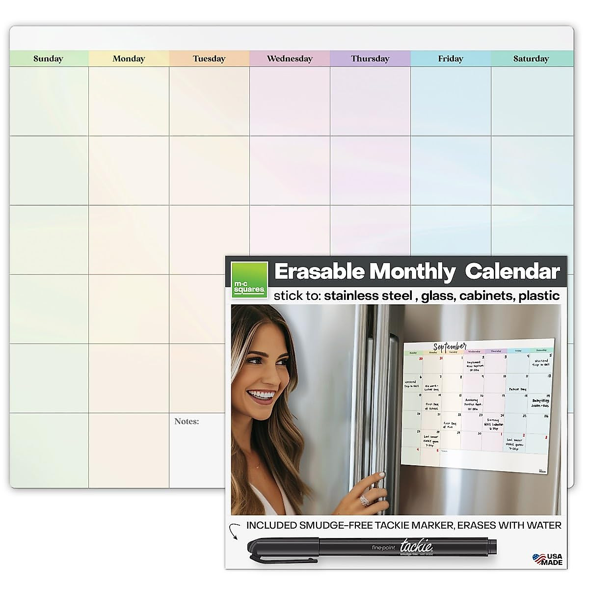 M.C. Squares Reusable Monthly Calendar Whiteboard. Schedule clings to Stainless Steel & Glass (Any Shiny Surface) Included Smudge-Free Wet-Erase Tackie Marker, Made in The USA