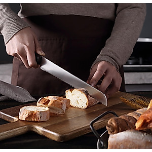 Premium 10 Inches German High-Carbon Stainless Steel Bread Knife - Ultra Sharp Serrated Blade, Full Tang Natural Wooden Handle - Ideal for Slicing Bread Cake Fruits & Vegetables