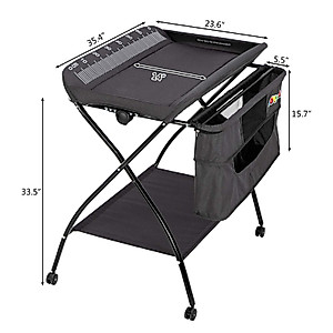 JOYMOR 2-in-1 Folding Baby Changing Table, Moblie Diaper Table for Infant, Portable Diaper Changing Station with Wheels, Large Storage Basket ＆ Shelf Portable Nursery Organizer