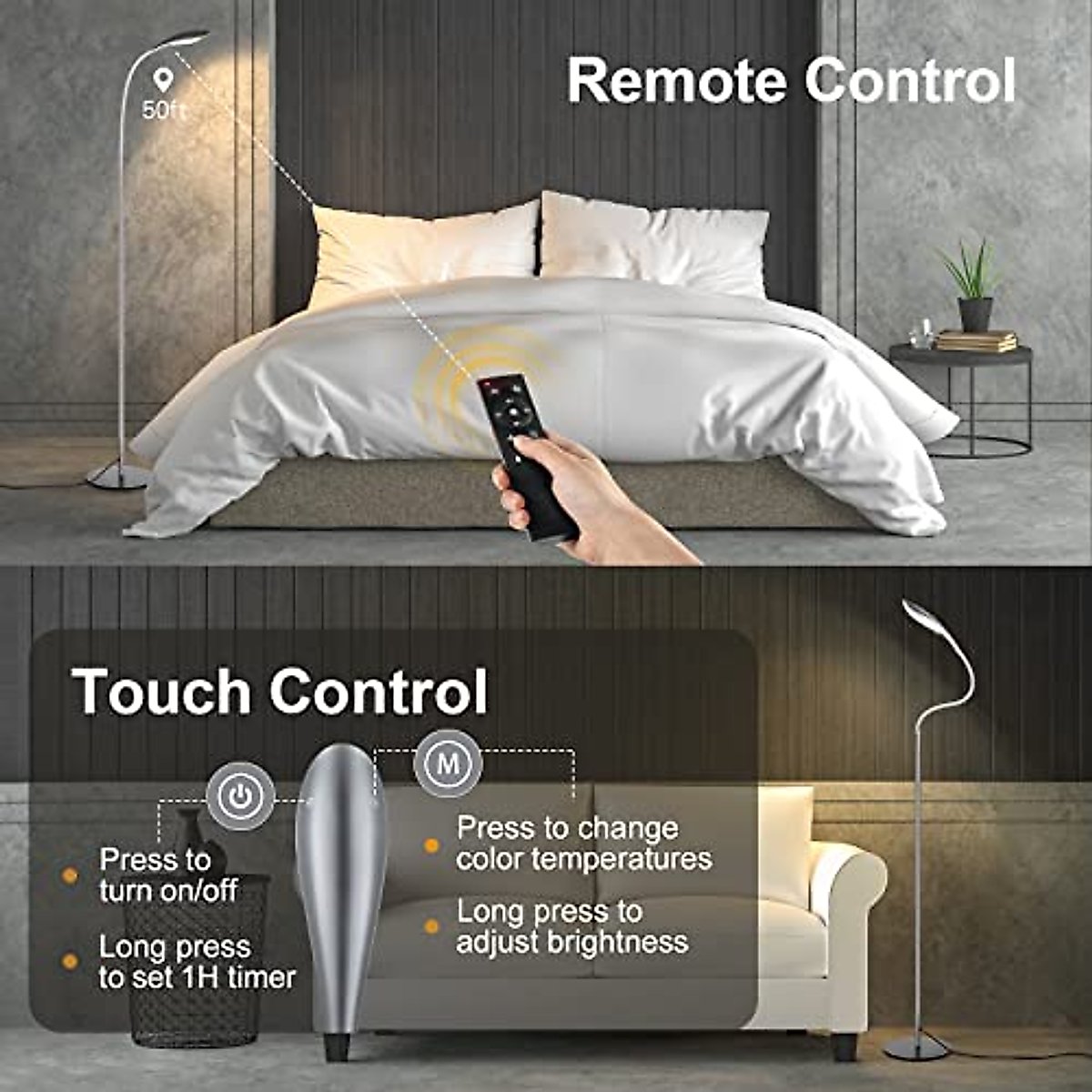 OUTON LED Floor Lamp, 12W 1080LM, Dimmable Adjustable Gooseneck Standing Lamp with 4 Color Temperature, Remote & Touch Control, 1H Timer, Memory Function for Reading Living Room Bedroom Office (Gray)
