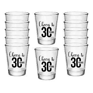 Cheers to 30 Years, 30th Birthday Party Shot Glasses Set of 12, 1.75oz 30th Birthday Glass Shot Glasses with Black Dirty Thirty Print, Perfect for Birthday Parties, Birthday Decorations