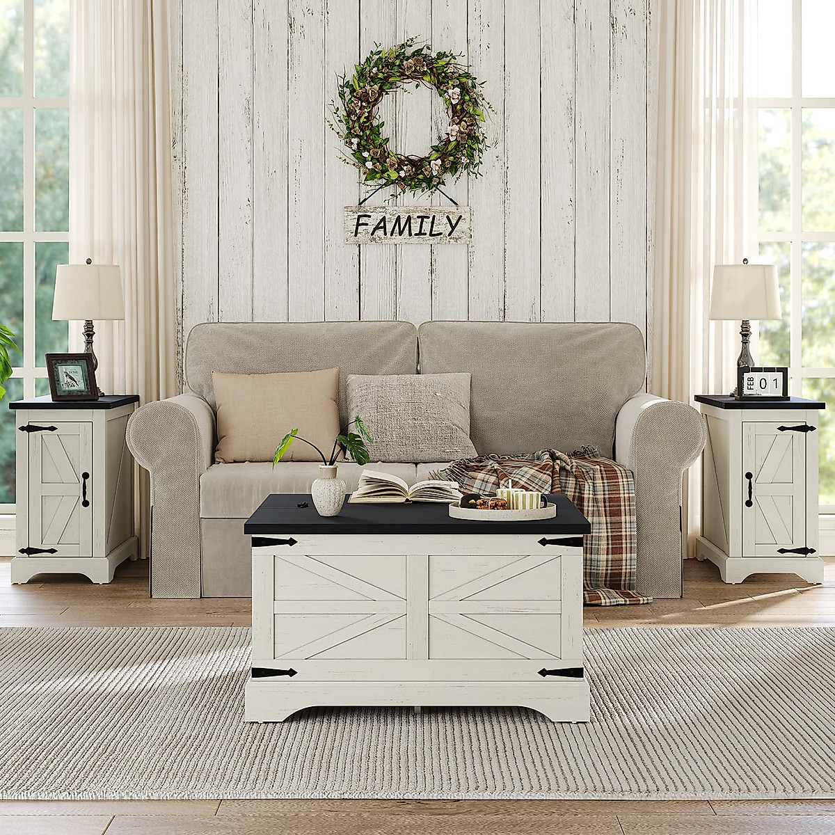 furomate Farmhouse Lift Top Coffee Table, Square Wood Center Table with Large Hidden Storage Compartment for Living Room, Rustic Cocktail Table with Hinged Lift Top for Home, Black Top