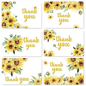 AnyDesign Sunflower Thank You Cards Bulk 36 Pack Thank You Notes with Matching Seal Stickers White Envelopes Watercolor Summer Floral Greeting Cards for Wedding Baby Shower Bridal Birthday Party