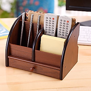 5-Compartment Luxury Black/Brown Wood Office Desktop Organizer with Large Storage Drawer