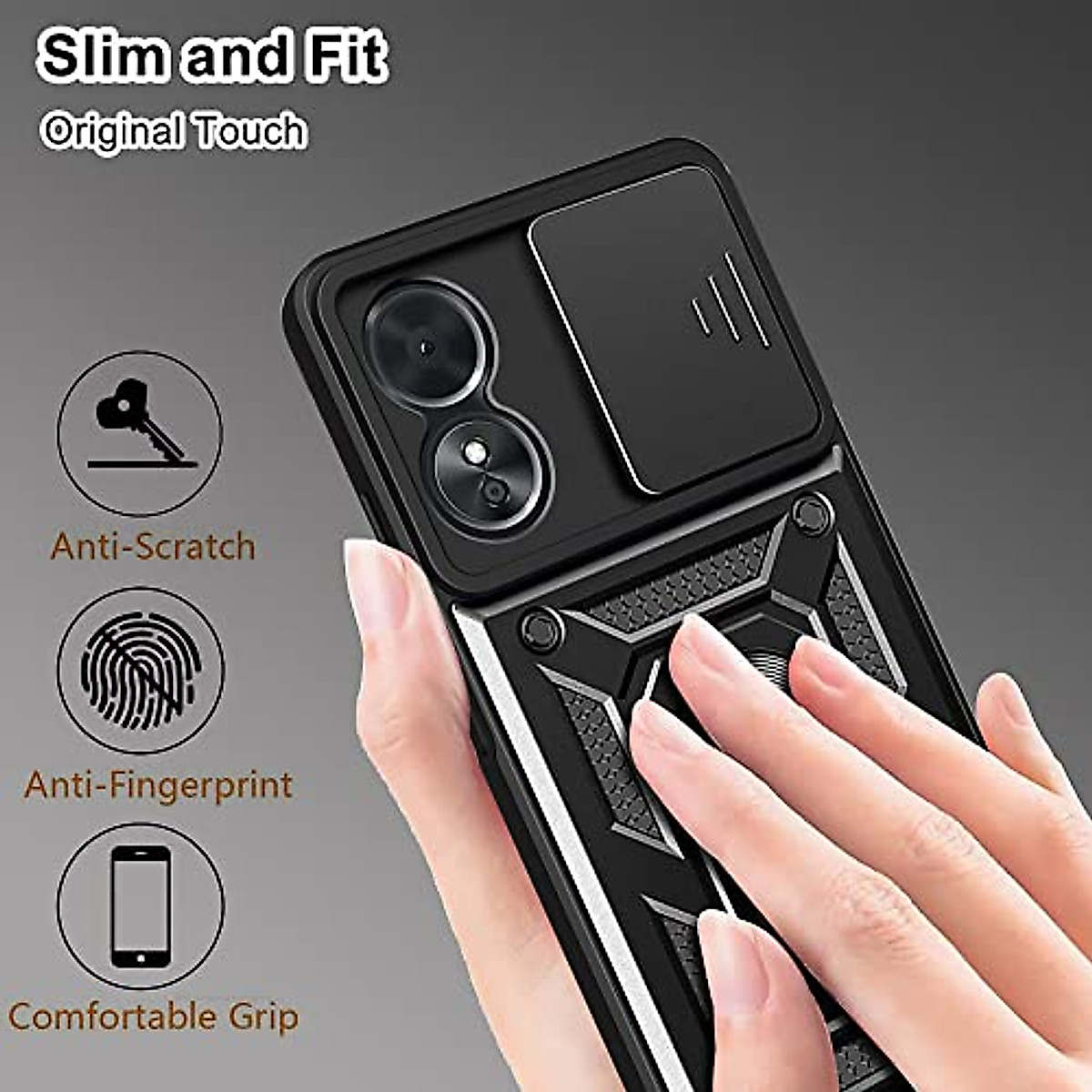 Ysnzaq Military Grade Heavy Duty Shockproof Case for Oppo A17 6.56", Sliding Window Lens Protection with Magnetic Car Bracket Phone Cover for Oppo A17 SJ Black