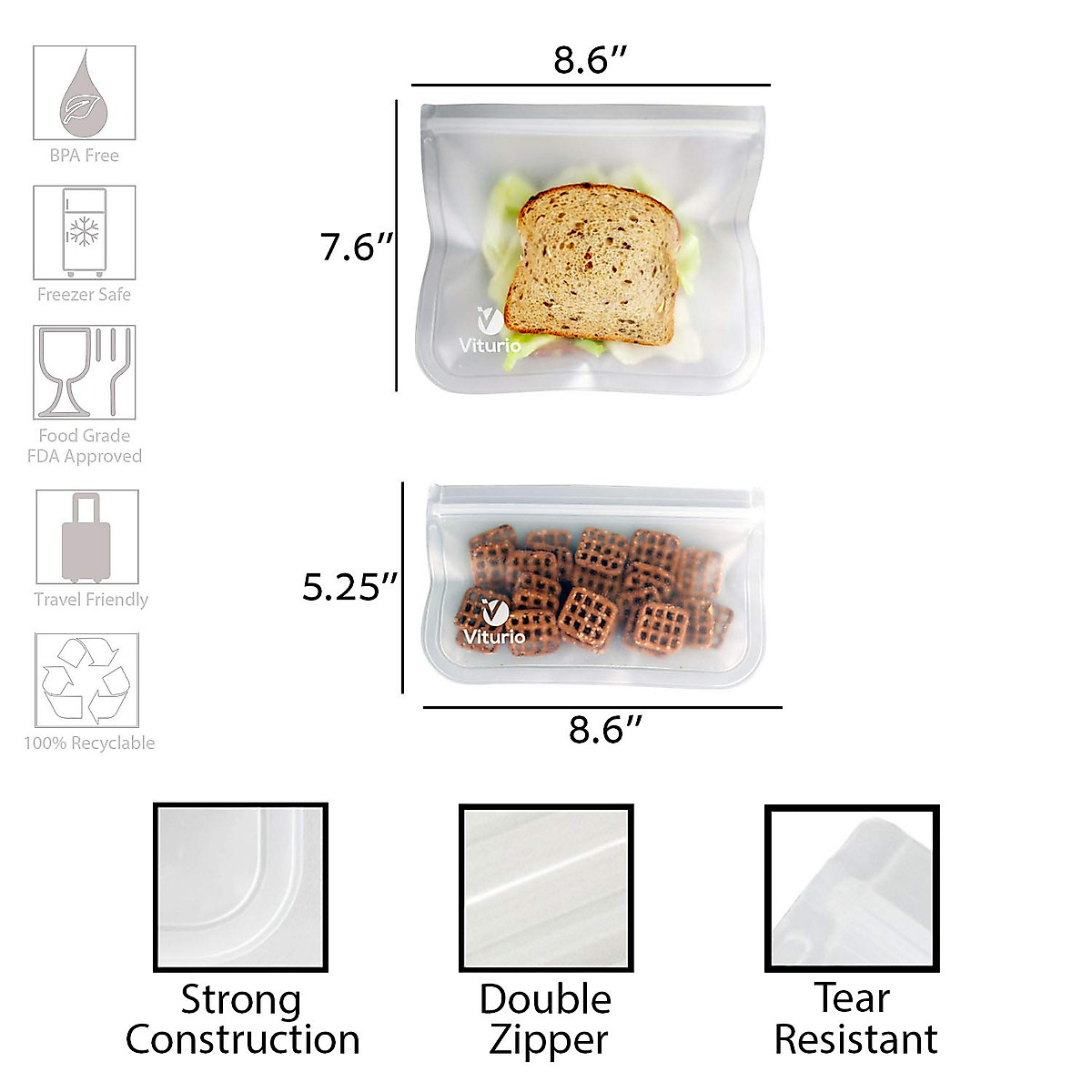 Viturio Reusable Food Storage Bags – 20 BPA-Free Leakproof Ziplock Bags Made of Recyclable, Food Grade, Extra-Thick PEVA Plastic – 10 Medium Sandwich Bags and 10 Small Snack Bags