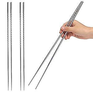 EORTA 3 Pairs Cooking Chopsticks 15.2 Inch Extra Long Stainless Steel Chopsticks with Non-slip Threaded for Hot Pot, Cooking, Frying, Noodle Chopsticks, Dishwasher Safe, Silvery