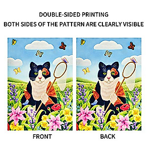 LAYOER Home Garden Flag 12.5 x 18 inch Grass Pastoral Cat & Flower Net Bag Catching Butterflies