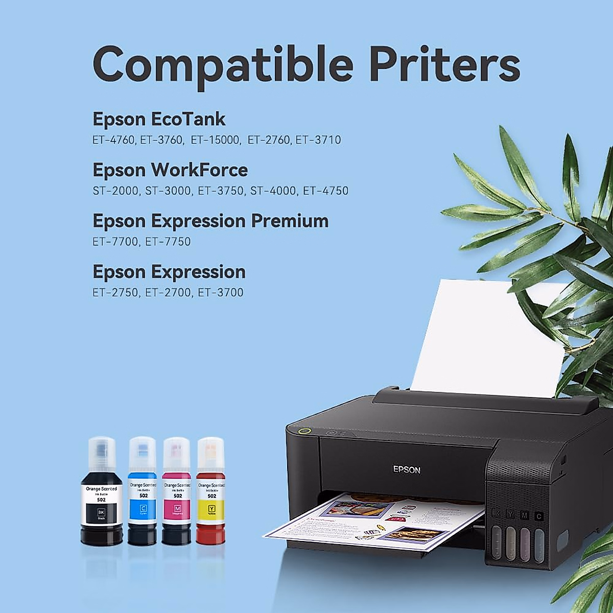 Bwen Orange Scented Ink Refill Bottles Compatible for 502（4-Pack）(BK/C/M/Y) fit for Epson 502 Ink Bottle Replacement fit for ET-2850 ET-3830 ET-3850 ET-2760 ET-3760 ET-15000 (Not OEM Ink)