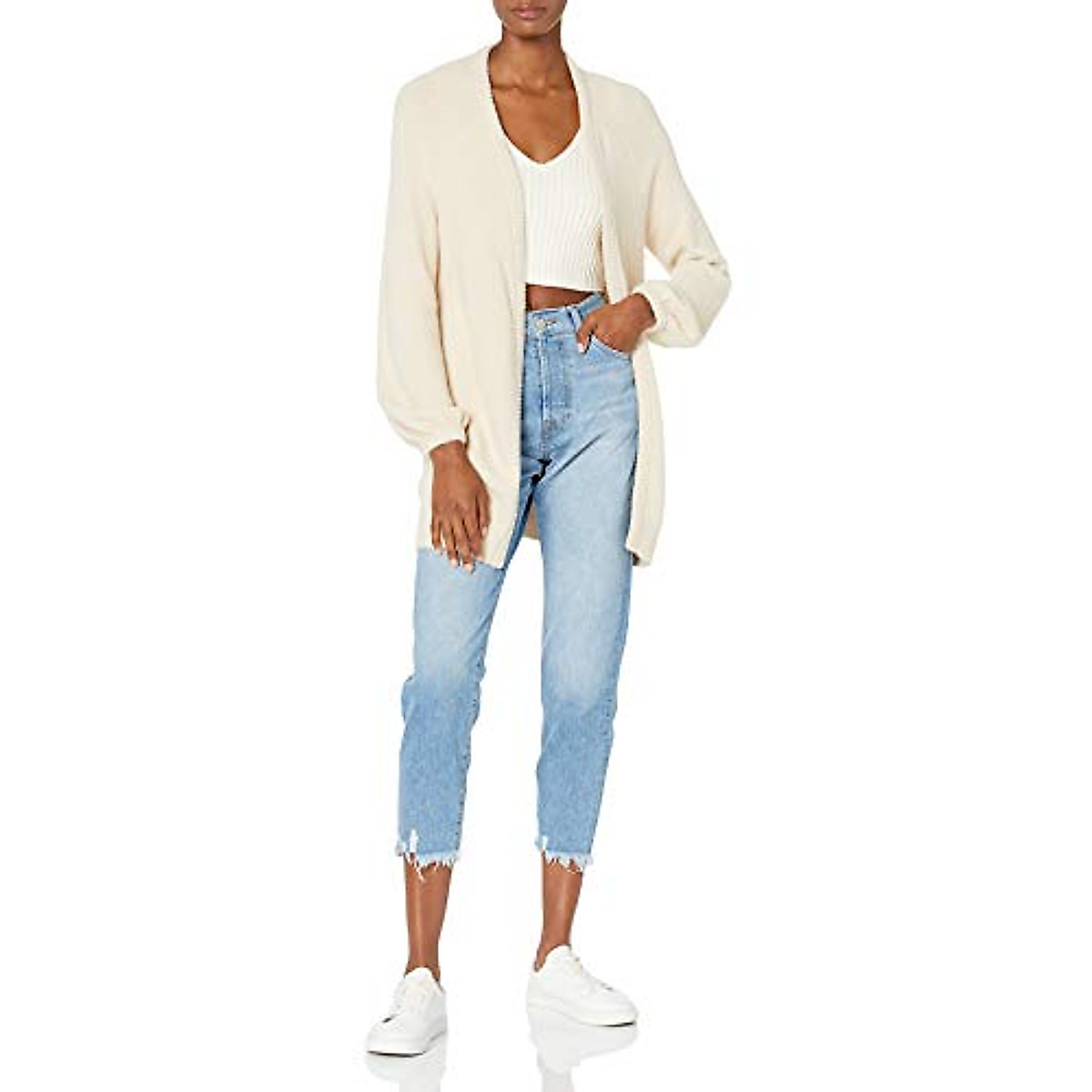 The Drop Women's Mirabelle Long Belle Sleeve no Closure Fuzzy Jersey Cardigan, Sandstorm, XS