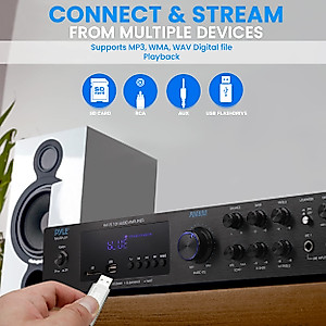 Pyle Wireless Bluetooth Audio Amplifier - 5 Channel Sound Stereo Amp for Home Speakers - Multi-Source 1/4” Audio/Microphone Input, MP3/USB/SD, AUX, FM Radio - FM Antenna, Remote Control