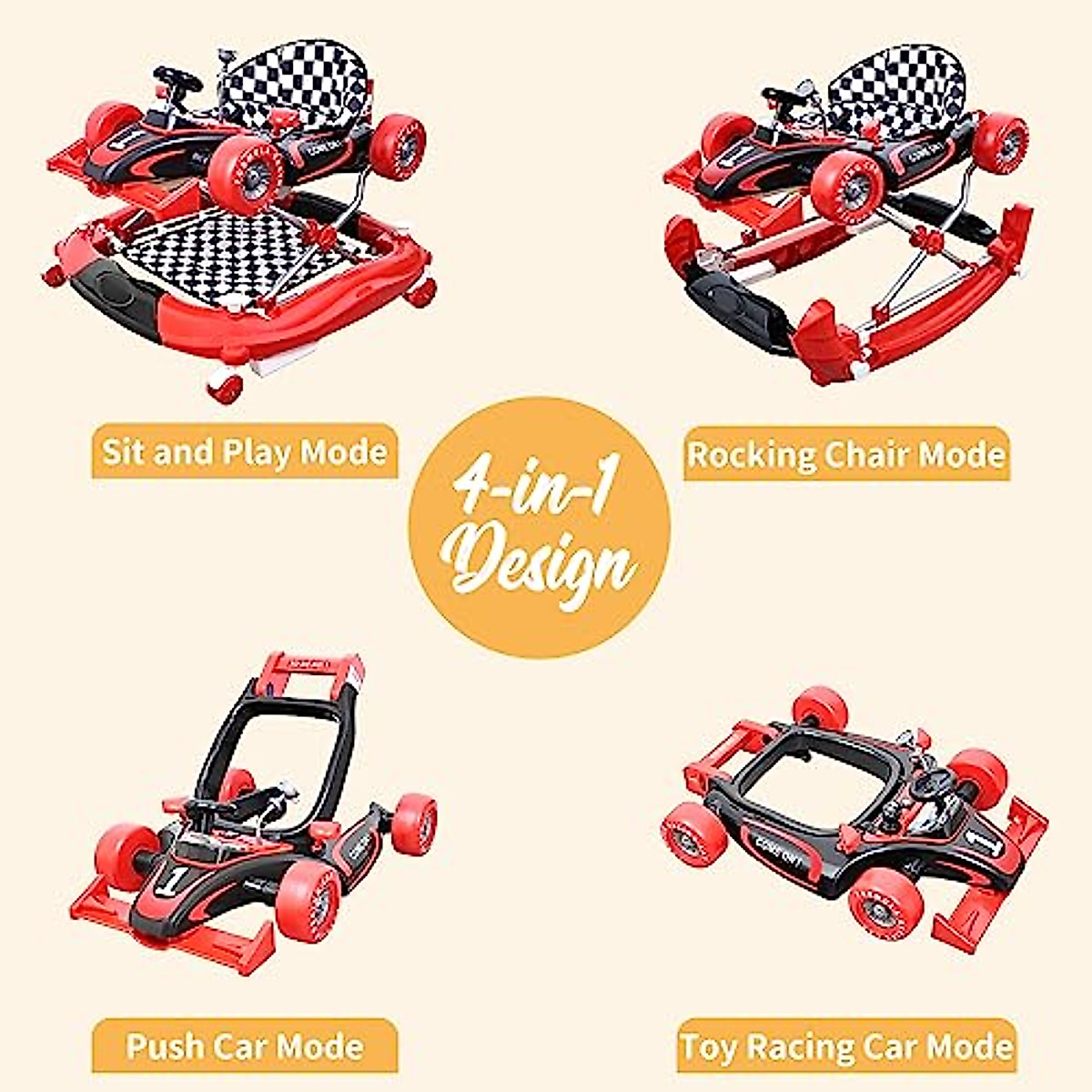 Baby Walker with Wheels, Activity Center Anti-Rollover, Comfortable seat, Steering Wheel, Music, Lights, 4 Height Adjustable Foldable Baby Walkers for Boys and Girls from 6-18 Months with Footrest