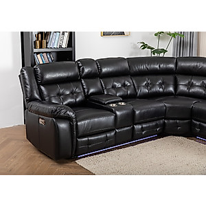 Kingway Faux Leather Recliner Couch Console Table Storage Sectional Sofa with Cup Holders LED Light for Home Theater Office Big House