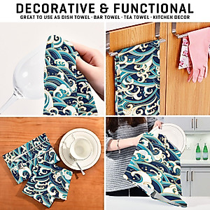 sletend Kitchen Towels or Tea Towels Japanese Style Sea Wave 28x18in Polyester Material Dish Towels or Dishcloths with Hanging Loop, Set of 1 Hand Towel for Dining Table Kitchen.