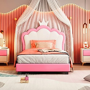 Cute Upholstered Princess Bed with Crown Headboard, Twin Size Leather Platform Bed with Wood Slats for Kids Boys Girls