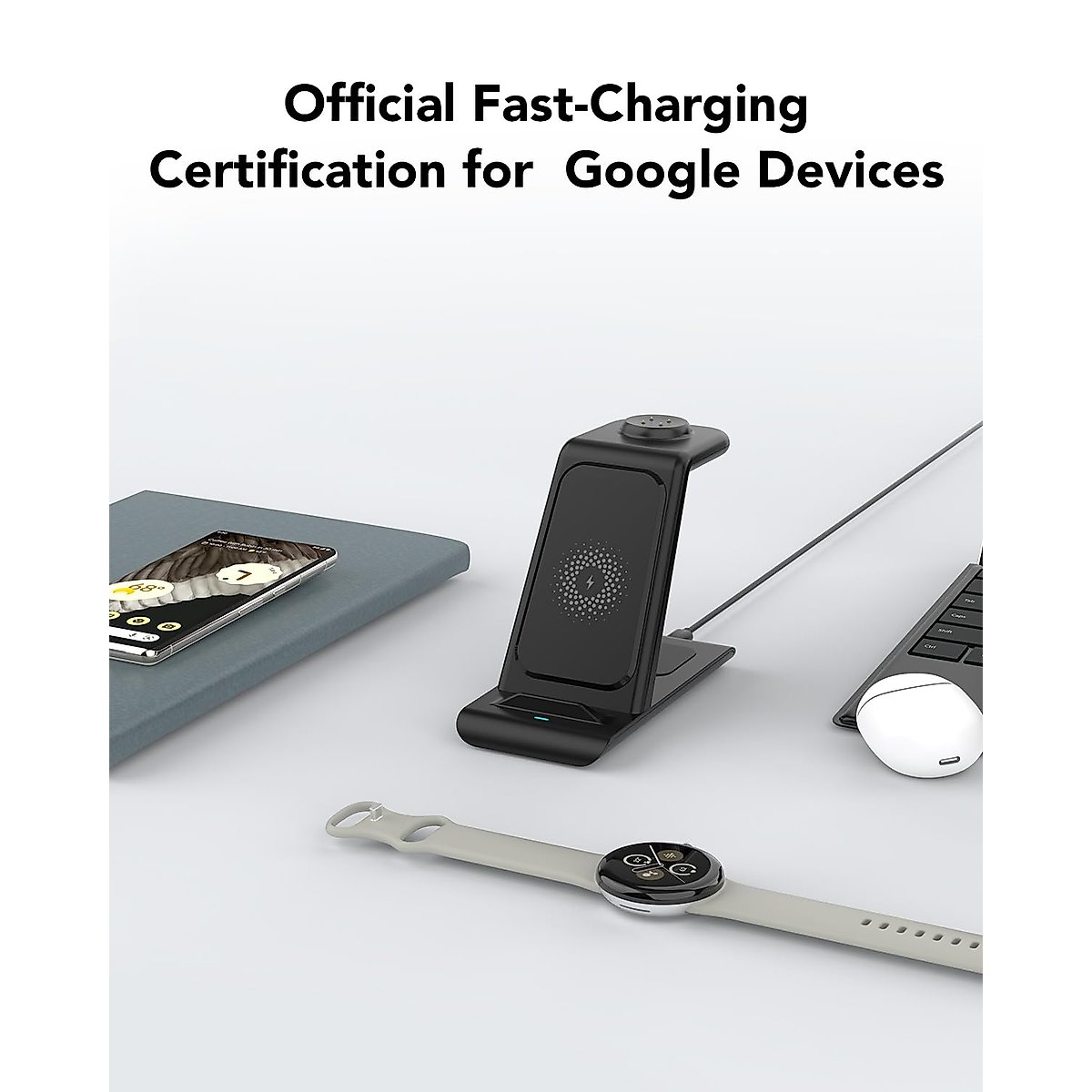 Upgraded 3 in 1 Wireless Charger Compatible with Google Pixel Watch 3/2, Pixel 9 Pro XL/9/8/7/7A/6 Pro, Pixel Buds Pro/2, Wireless Charging Station for Multiple Devices (Not for Pixel Watch 1)