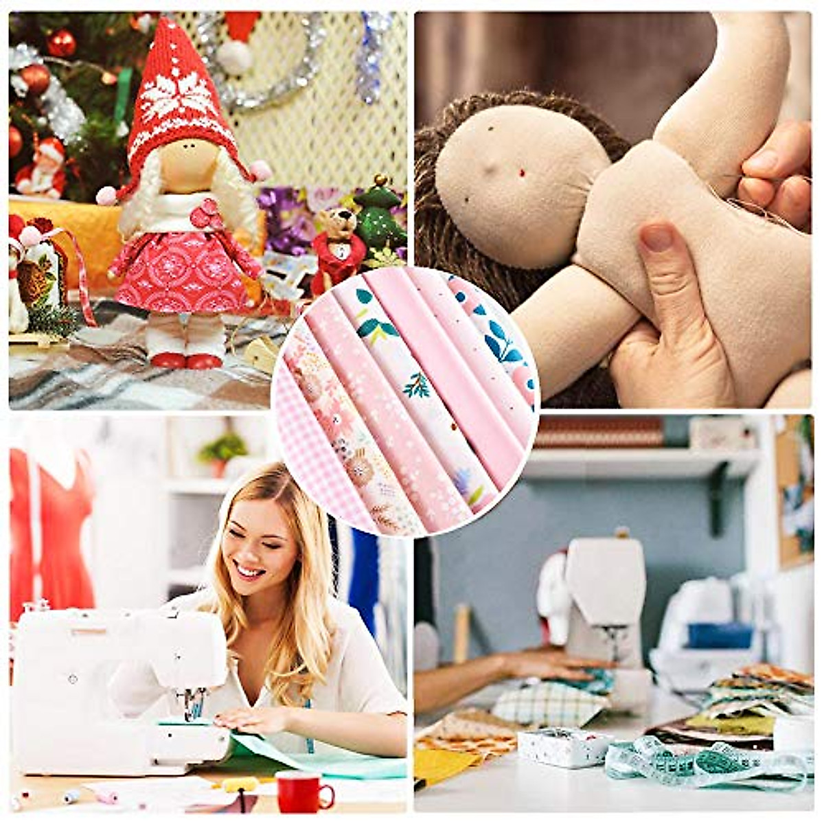 RODAKY Pink Series Cotton Fabric Bundles Rural Flower Stripe Sewing Crafting Material Polka Dot Squares Bundle Fabric Patchwork Japanese Style Cotton Scraps for DIY Handmade Quilting 7PCS 25x25CM