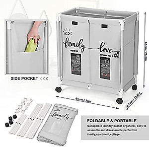 Laundry Sorter Cart with Lid, 110L 2 sections Oxford Cloth Laundry Hamper on Wheels, Laundry Basket for Family Dorm Room Clothing Throws Toys (22.6*13.6*26.6IN)