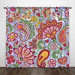 Pamime Shower Curtain Rod Holder Paisley Ethnic Pattern with Floral Red Orange Green Shower Curtain Rod Holder 52" W X 84" L Panels of 2