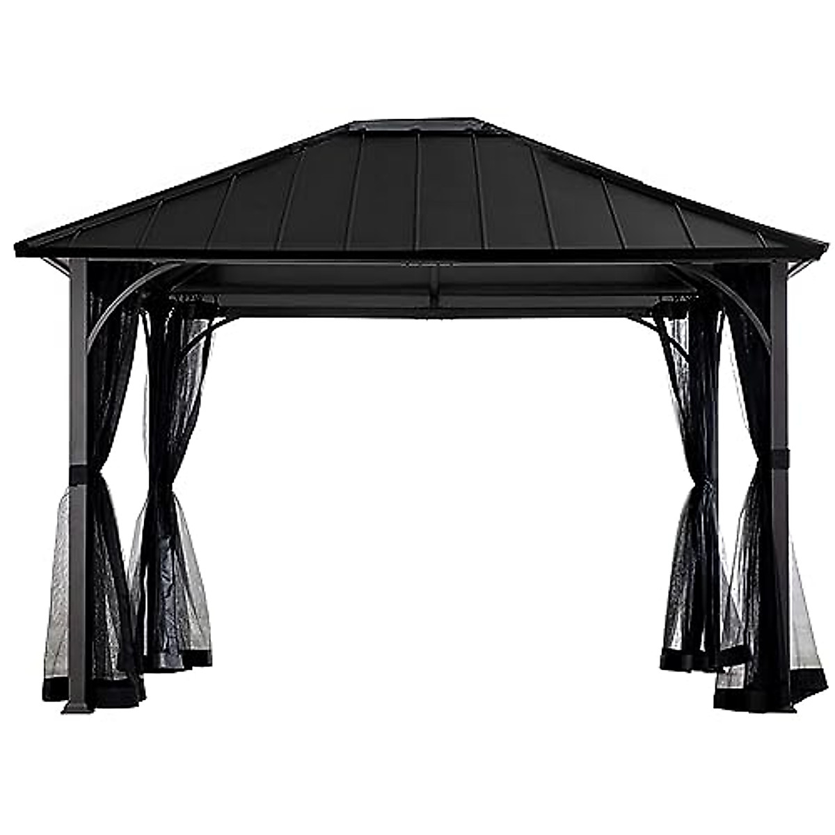 Sunjoy Hildreth 11 x 13 Foot Screened Gazebo Canopy Outdoor Pergola Tent with Steel Roof and Aluminum Posts for Backyard Patio Shade, Black