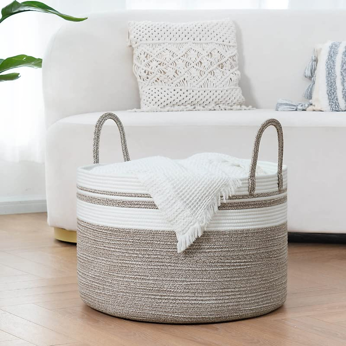 CHICVITA Large Woven Rope Laundry Basket, Baby Storage Basket for Blankets, Clothes, Toys, Towels, Pillows, Shoes, Decorative Jute Basket for Living Room, 21.7 x 13.8 inches, 83L White & Brown