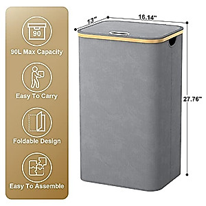 Homykic Laundry Basket with Lid, 97L Large Hamper Clothes Storage Basket with Bamboo Handles, Foldable Tall Laundry Organizer for Dorm, Bathroom, Bedroom, Clothing, Blanket, Light Grey