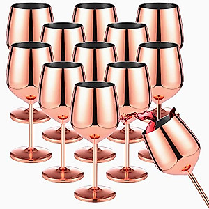 12 Pack Stainless Steel Wine Glass 18 oz Unbreakable Stemmed Wine Glass Rose Gold Wine Glasses Portable Steel Wine Glass Wine Goblets Metal Drinkware for Champagne Cocktail Pool Wedding Party Camping