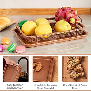 Air Fryer Basket For Oven | 12.8"x9.65" Nonstick Rack & Crisper Tray w/Cheat Sheet Included - Stainless Steel Mesh Frying Basket & Pan for Full Size Oven - Dishwasher Safe 2PC Set for Convection Oven