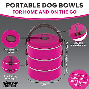 Healthy Human Travel Dog Bowls, Stainless Steel Portable Bento Bowls, Interlocking Set of 2 Bowls with Spare Clips and Handle, Ideal for Small to Medium Dogs