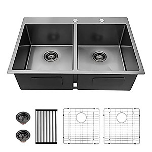 Black Drop in Kitchen Sink - Mocoloo 33x22 Gunmetal Black Double Bowl Stainless Steel 16 Gauge Deep Sinks 50/50