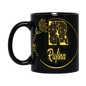 Coffee Mug Personalized Rufina Name & Initial Letter Monogram Floral Alphabet Mug Golden Flowers Custom Black Coffee Cup, Gift for Her Mom Coworker Sister, Wife, Girl 11oz Black Mug 801061