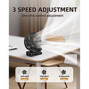 TUNISE Mini Clip on Fan, Battery Operated Desk Fan, Digital display，3 Speeds Adjustable, Bidirectional 360 ° Adjustable, Super Strong Wind, Portable Fan for Home Office Stroller Camping Black
