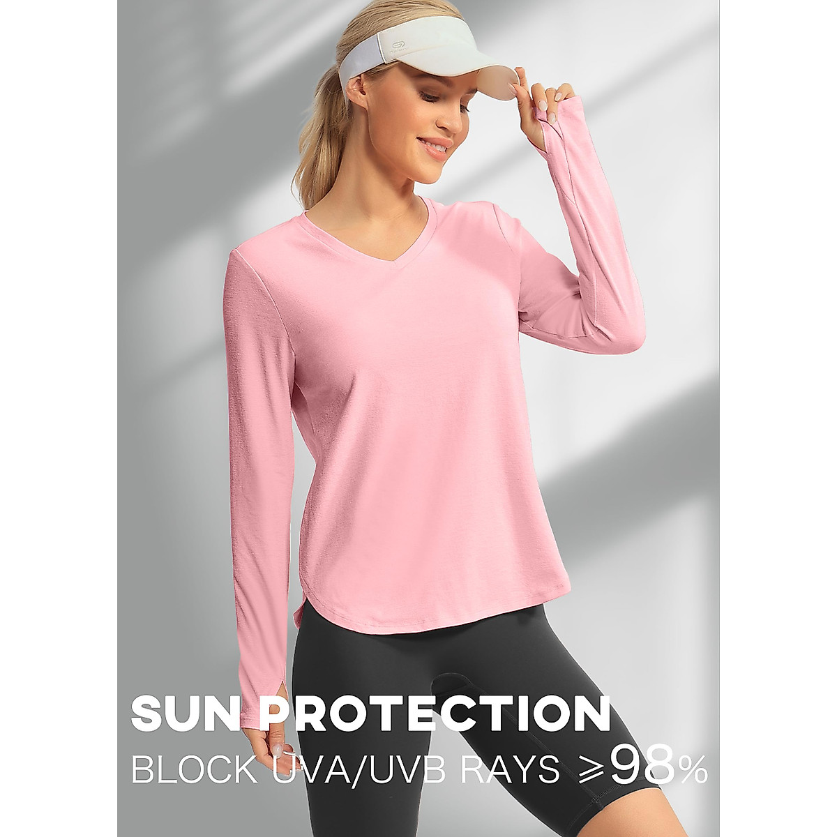 Hiverlay Long Sleeve Workout Shirts for Women V Neck UPF 50+ Athletic Shirts with Thumbhole Running Loose Active T-Shirts Pink s