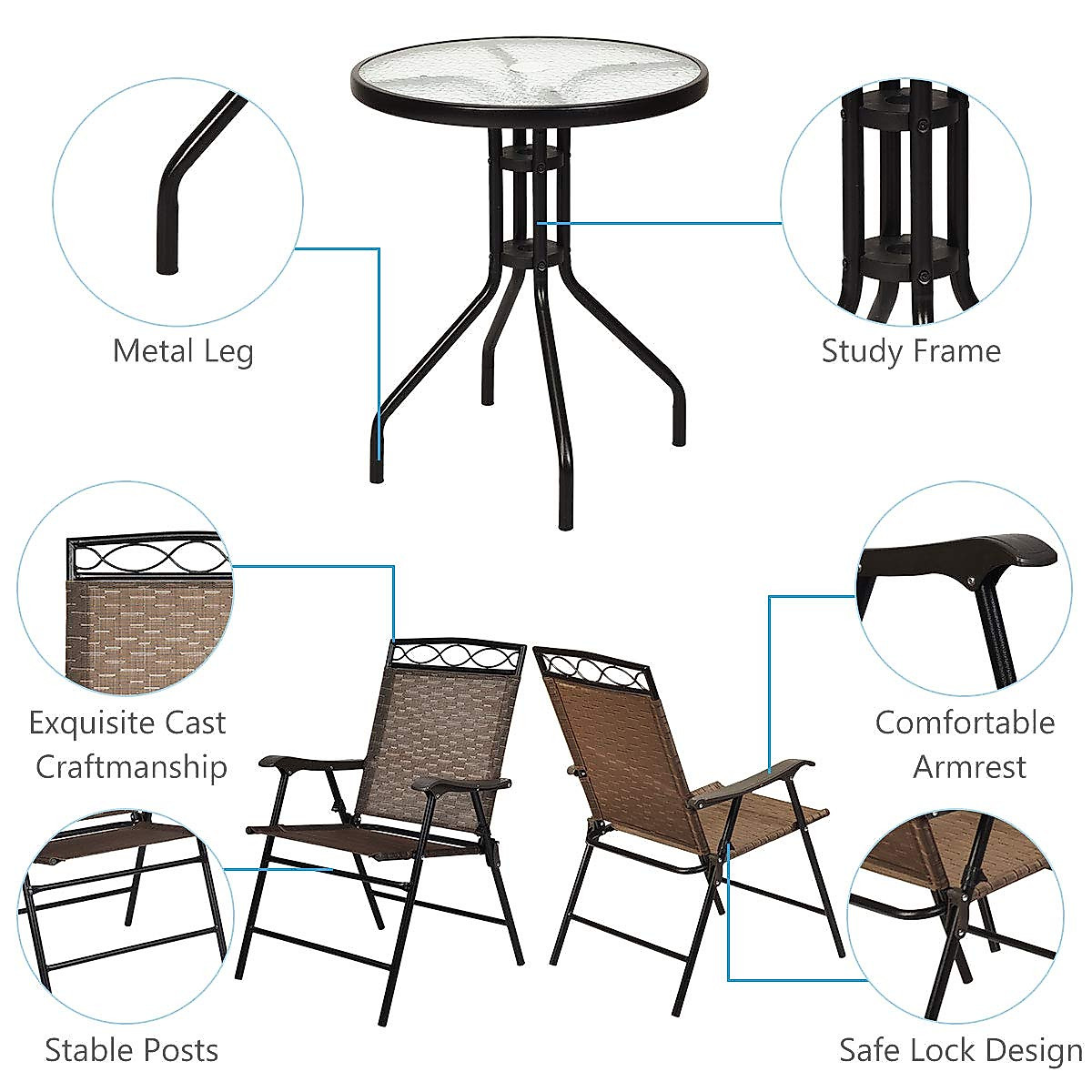 renatone 3 Piece Patio Bistro Set, Outdoor Bistro Dining Furniture Set Table & Folding Chairs for Garden, Pool, Backyard, Tempered Glass Tabletop with Umbrella Hole