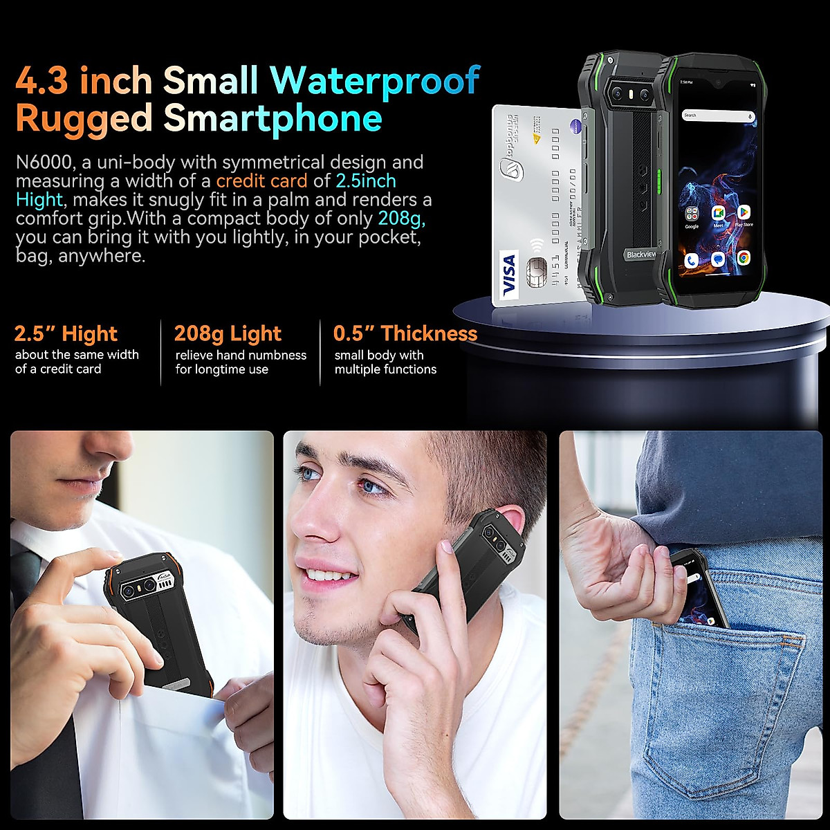 Blackview 4.3 inch Mini Mobile Phone, N6000 Rugged Phones Unlocked 2023, 16GB+256GB, Dual SIM 4G, Android 13 Cell Phone, 208g Weight, 48MP Camera, IP68 Waterproof Phones, 18W Fast Charge 3880mAh, NFC
