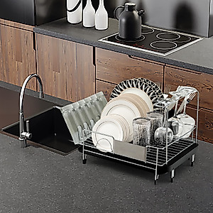 Giantex Stainless Steel Dish Rack, Expandable Dish Drainer Rack with Cutlery Cup Glass Holder, Removable Drip Tray, 360-Degree Swiveling Spout, Rust Proof Dish Dryer Rack for Kitchen Counter