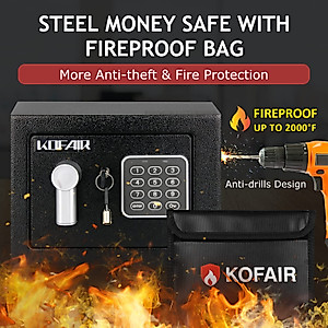 KOFAIR Safe Box for Home Safe (0.23 Cubic Feet) with Fireproof Bag, Personal Safe Box for Money Safe for Cash Saving, Mini Safe Box with Key, Digital Safety Box with Light, Money Lock Box
