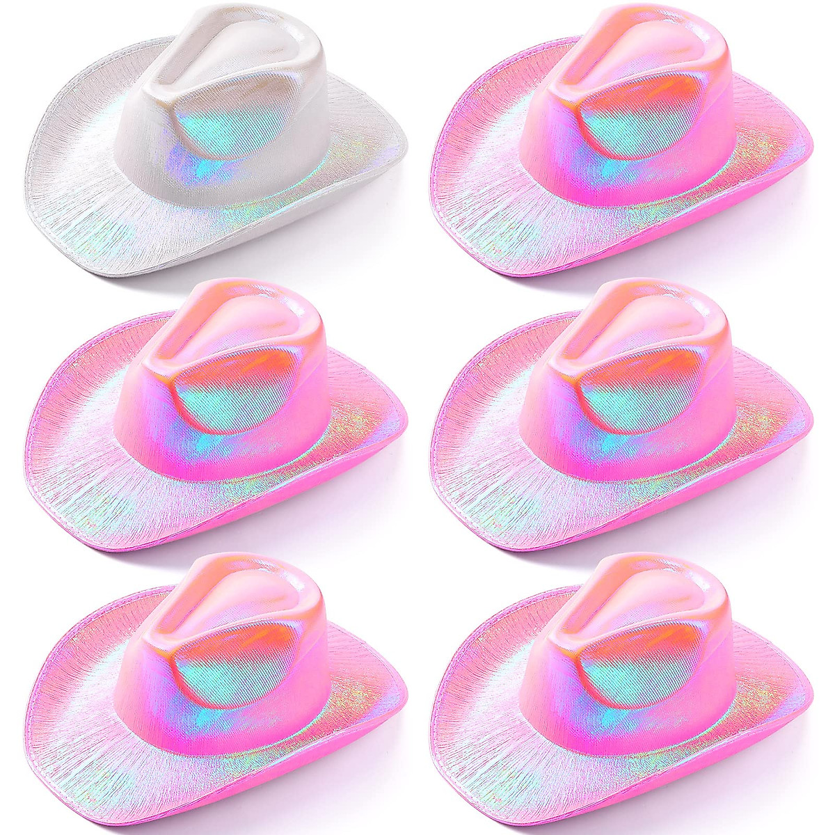 6 Pieces Glitter Cowgirl Hats Women Bride Hat Holographic Cowboy Hat Space Hats for Wedding Birthday Bachelorette Parties Favors (Beige and Pink)