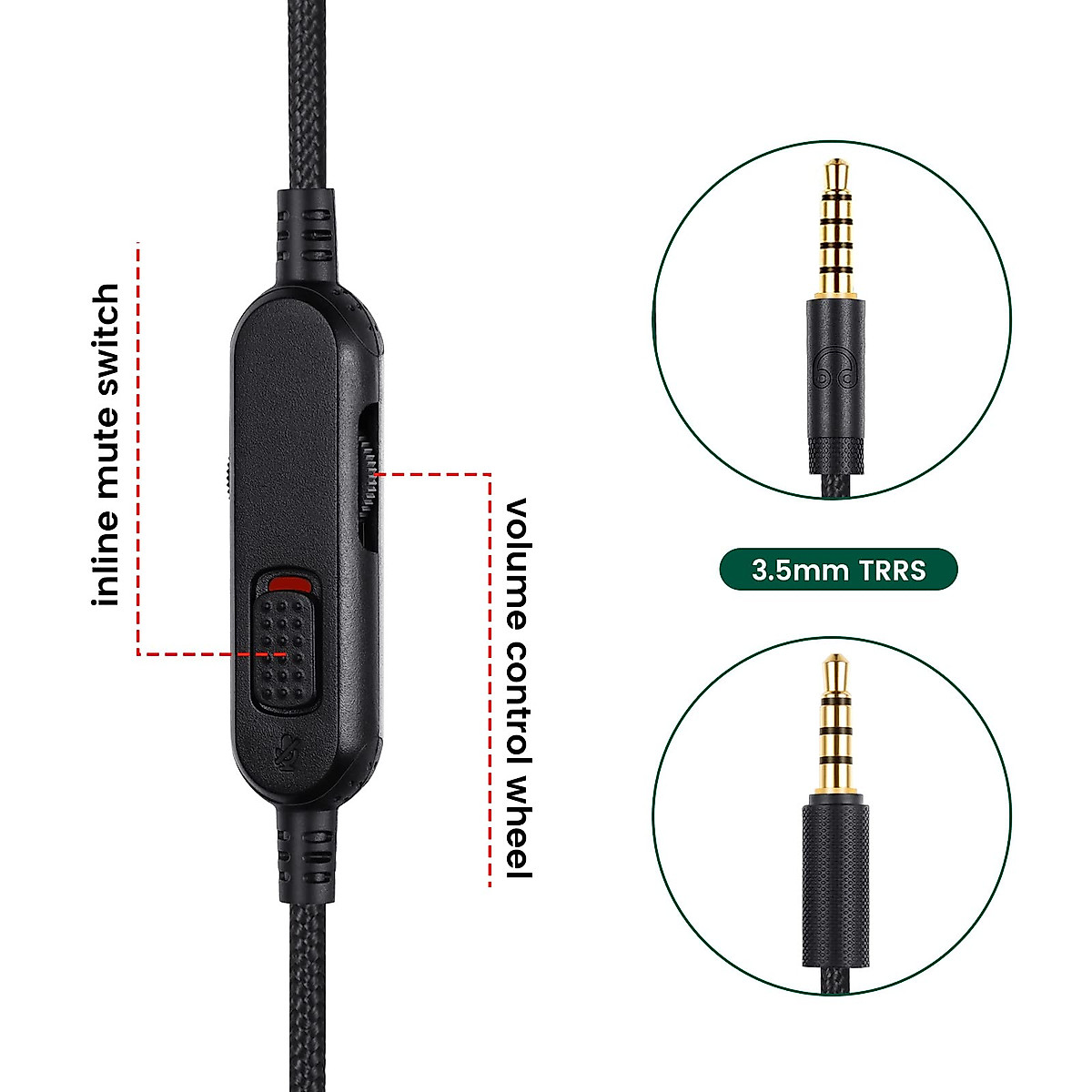 G Pro X Cord, Detachable Gaming Headset Cable Replacement for Logitech G Pro / G433 / G233, 3.5mm(1/8") Nylon Braided Wire with Inline Mute Switch and Volume Controller, 6ft Long