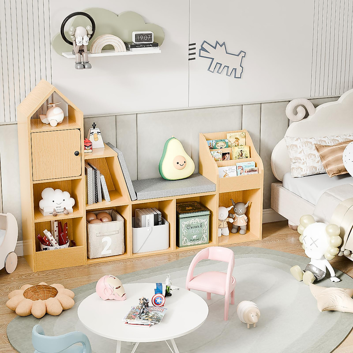 Vabches Kids Reading Nook with Bench - Bookshelf & Bookcase with Seat Cushion, 7 Open Storage Cubbies, 3-Tier File Organizers, Toy Storage Box & Chest for School, Playroom, Bedroom.