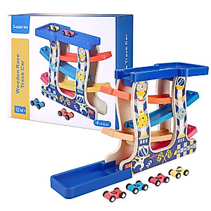 Tmgooyier Toddler Toys for 1 2 3 Years Old, Wooden Car Ramp Racer Toy Vehicle Set with 4 Mini Cars & Race Tracks, Montessori Toys for Toddlers Boys Girls Birthday