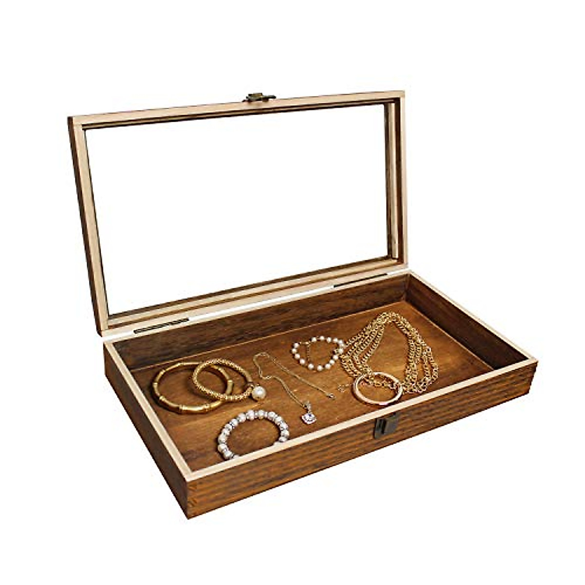 MOOCA Wood Glass Top Jewelry Display Case Accessories Storage, Wooden Jewelry Tray for Collectibles, Home Organization Box with Metal Clasp and Tempered Glass Top Lid, Brown