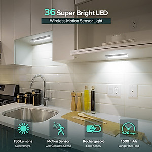 Alivation 36 LED Closet Lights Motion Sensored Battery Powered LED Lights, Under Cabinet Lighting, Motion Sensor Light Indoor, Ultra Thin Wireless Lights, 1500mah Rechargeable Battery Operated Lights