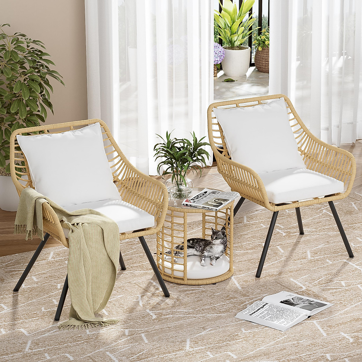 3 Piece Patio Bistro Set, Bistro Table and Chairs Set of 2 with Elevated Back Cushion, Round Glass Top Coffee Side Table, Patio Rattan Conversation Set for Balcony, Lawn, Garden, Backyard, White