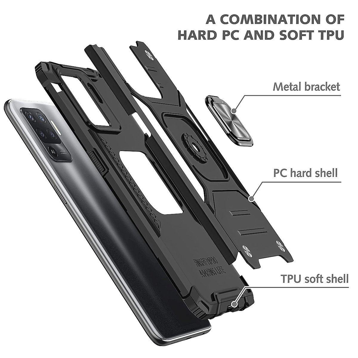 Chengmi ZMONE for Oppo Reno 5 LiteOppo A94 4G F19 Pro Case with Screen Protector 2 Pack Military Grade Heavy Duty Shockproof Case Cover with Magnetic Ring Kickstand Black