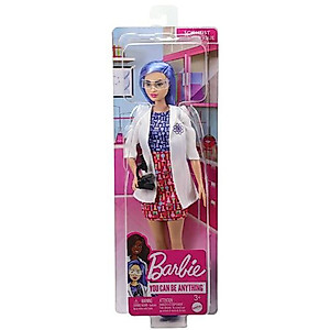 Barbie Careers Fashion Doll & Accessory, Scientist with Blue Hair Wearing Lab Coat & Flats with Microscope