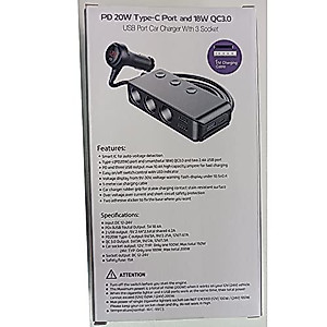 Car Charger Splitter 200W, Qidoe 3 Socket Cigarette Lighter Adapter with PD20W USB-C & QC3.0 Multi USB Car Charger 12V/24V DC Outlet Cigarette Splitter Power Switches Voltmeter for GPS Dash Cam Phone